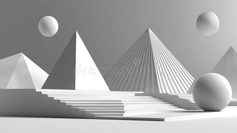 Abstract 3D Pyramid Scene with White Spheres and Steps Stock ...
