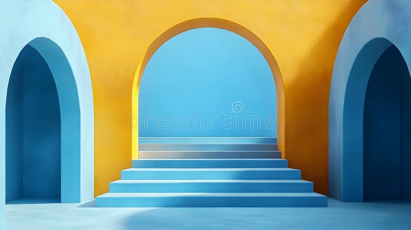 Abstract 3D Render Blue Yellow Archway Staircase Stock Illustration ...