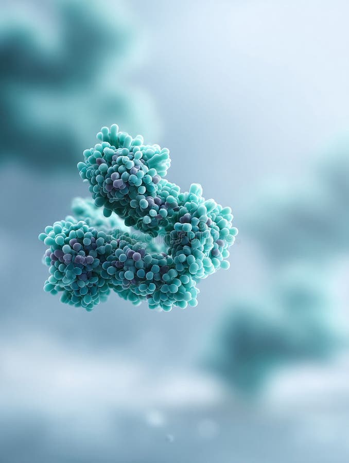 Abstract 3D Render of a Complex Molecular Structure. Soft Blues and ...