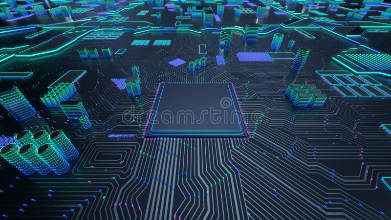 CPU Processor Chip on Neon Circuit Board Stock Illustration ...