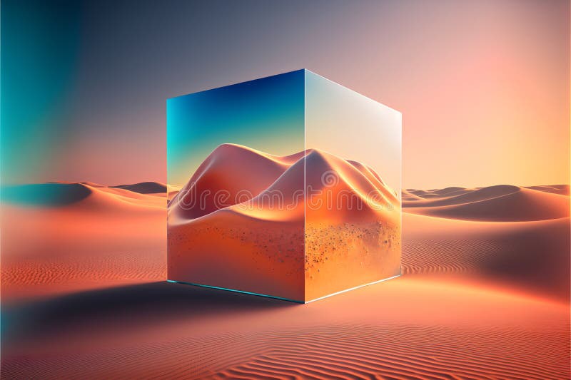 Abstract 3d Render of a Cube in the Desert with Sand Dunes Stock ...
