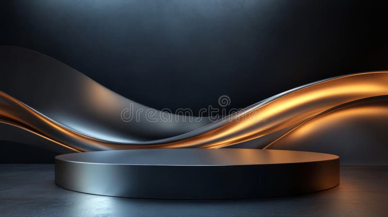 Abstract 3D Render of a Cylindrical Platform with Metallic Wavy ...