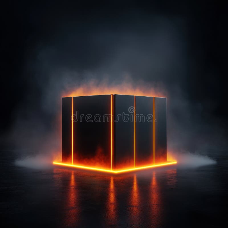 Dark Cube with Orange Neon Glow and Smoke Stock Illustration ...