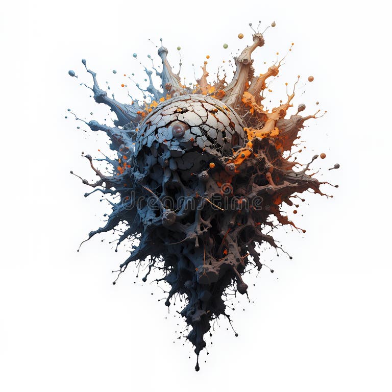 Abstract 3D Render of Exploding Sphere in Blue Orange and Gray Paint ...