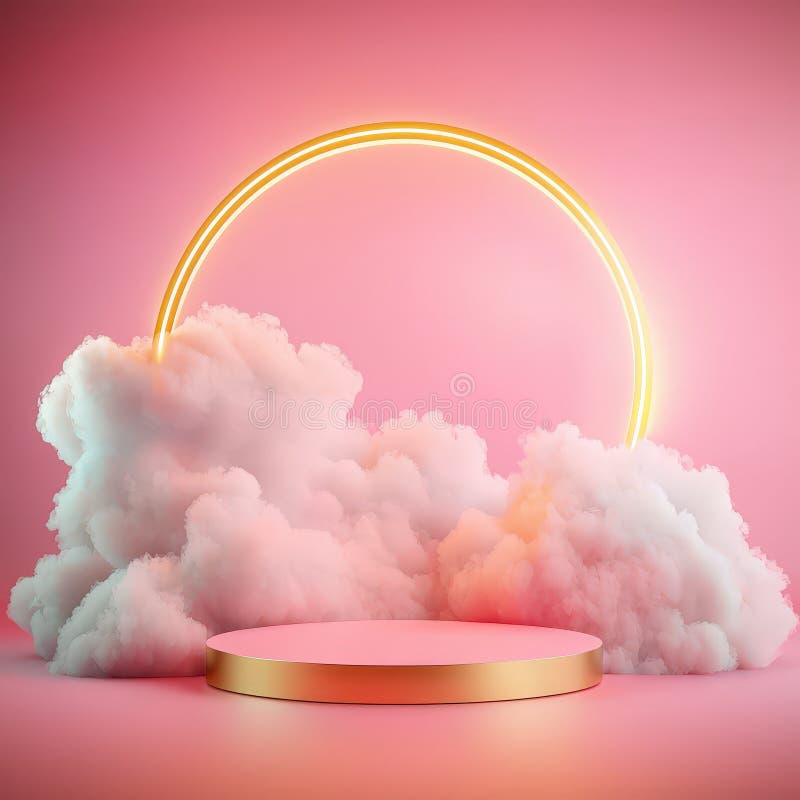 Dreamy Pink Podium Stage with Clouds and Golden Neon Ring Stock ...