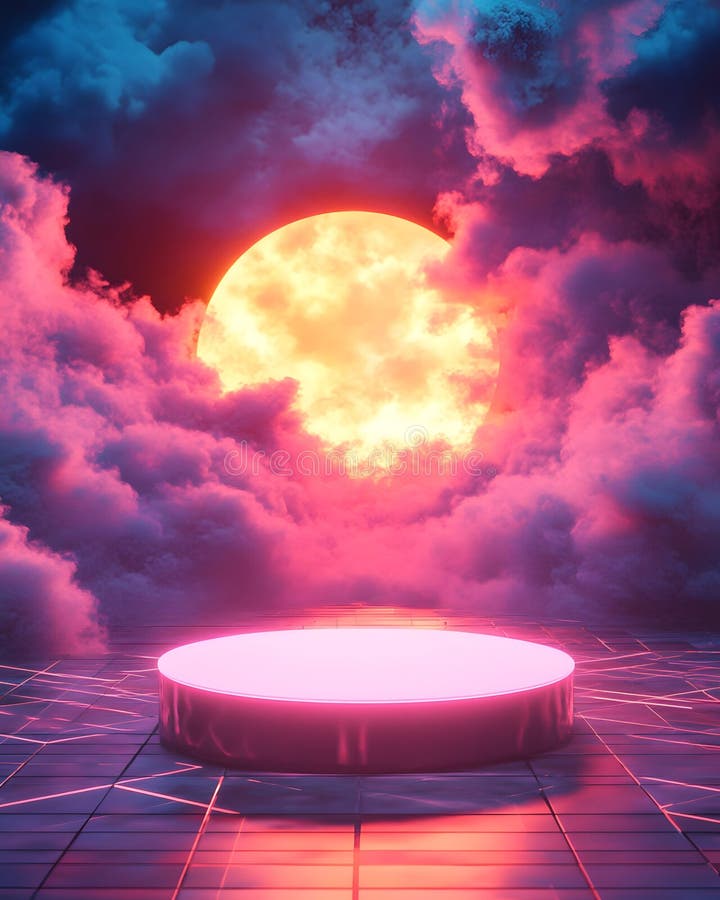 Futuristic Neon Moonlit Platform with Glowing Clouds Stock Illustration ...