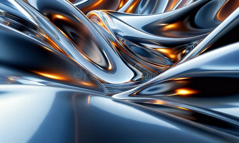Abstract 3D Render of Flowing Metallic Liquid with Orange Highlights ...