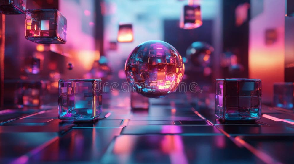 Abstract 3D Render of Glass Cubes and Sphere in Neon Lights Stock ...