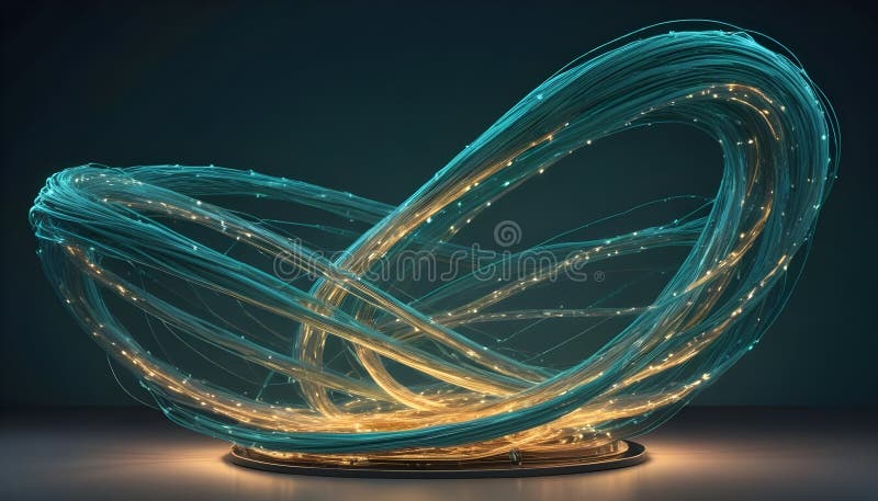 Abstract 3D Render of Glowing Blue and Gold Fiber Optic Cables Forming ...