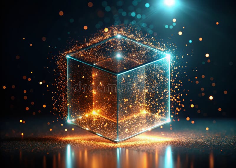 Abstract 3D Render a Glowing Minimalist Cube with Floating Particles ...
