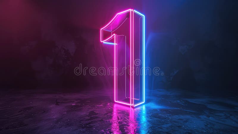 Abstract 3D Render of Glowing Number One Illuminated in Pink and Blue ...