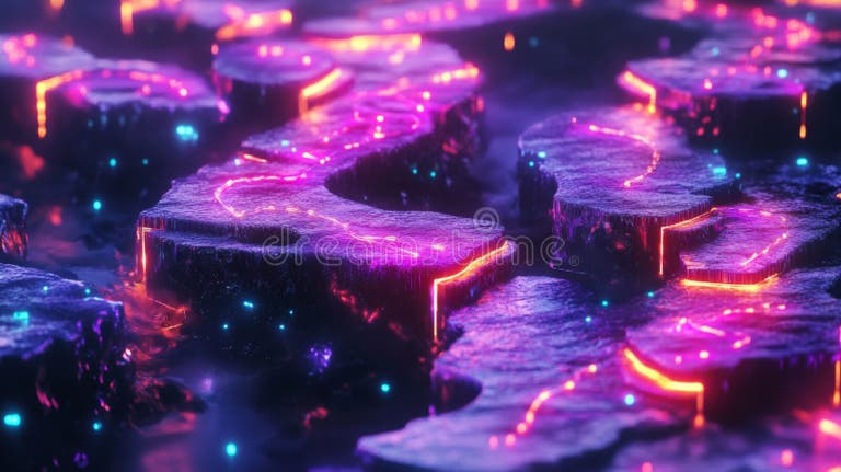 Abstract 3D Render of Glowing Rocks with Neon Lights Stock Illustration ...