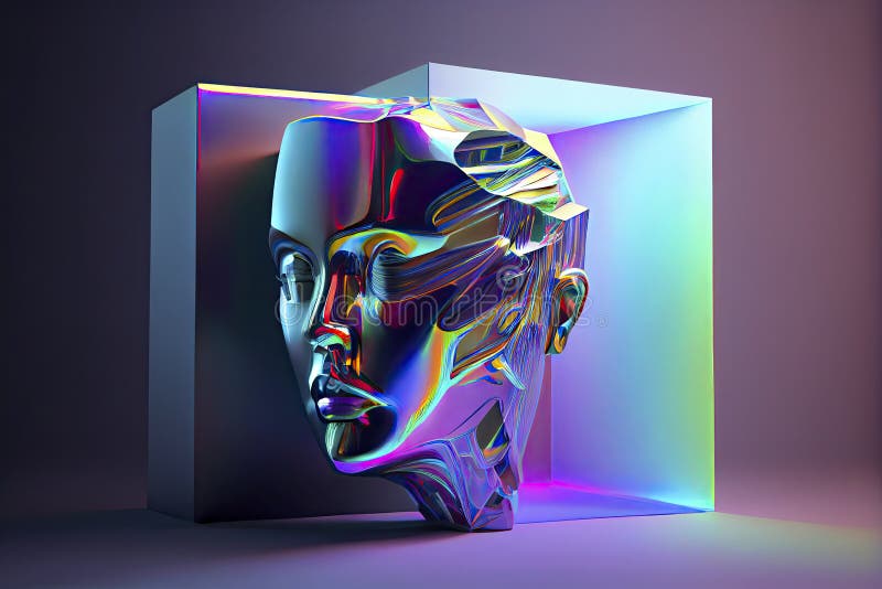 Abstract 3D Render Illustration of Holographic Human Face in the Wall ...