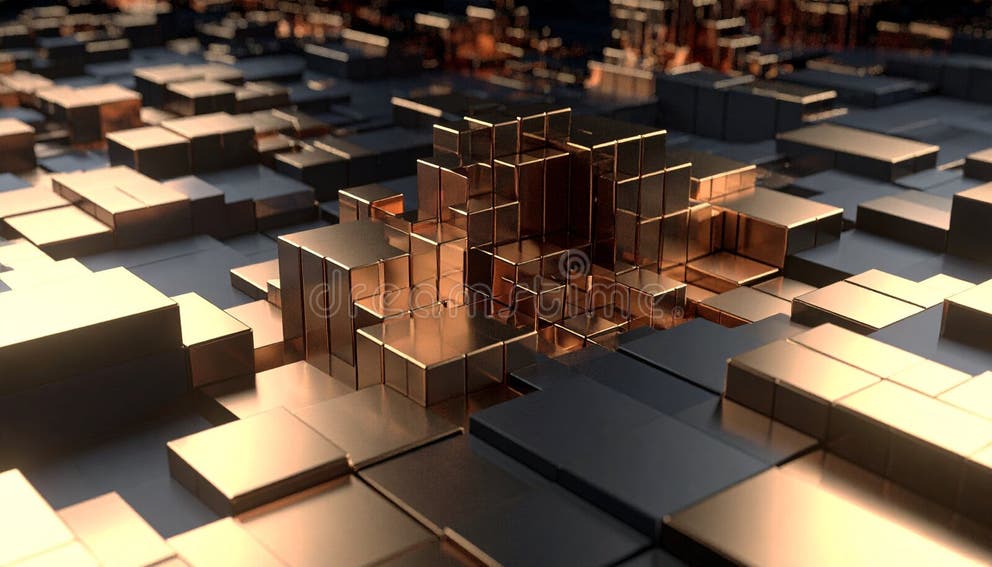 Abstract 3D Render of Metallic Cubes, Gold and Black Stock Illustration ...