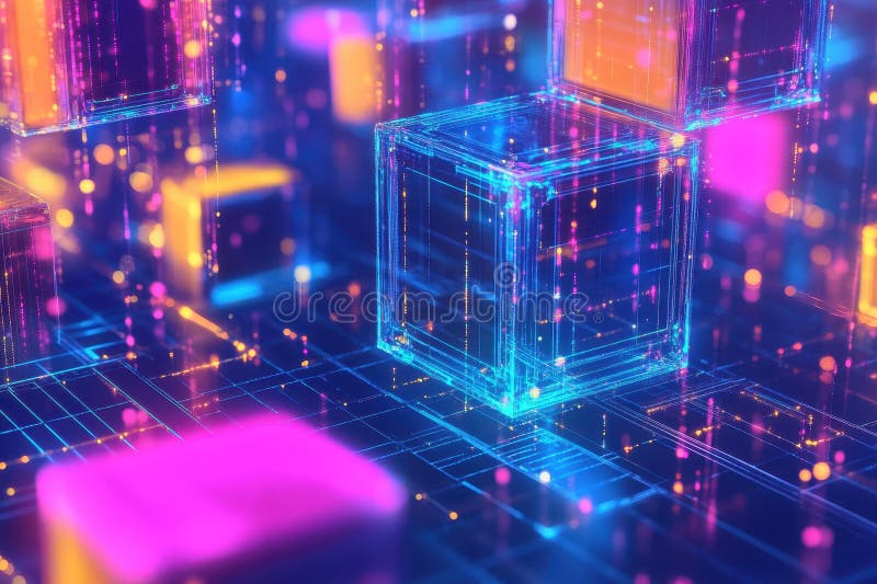 Abstract 3D Render of Neon Cubes and Lines Stock Illustration ...