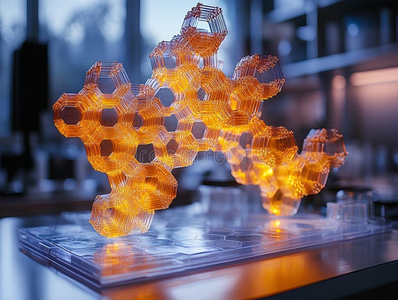 Glowing Orange Crystalline Molecular Structure on Glass Platform in ...