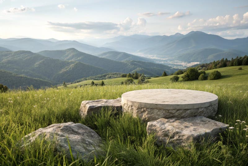 Abstract 3D Render Platform with Natural Grass Field Stock Photo ...