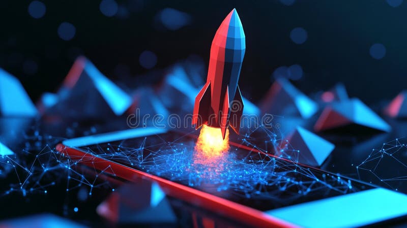 Low Poly Rocket Launching from Smartphone Digital Startup 3d Red App ...