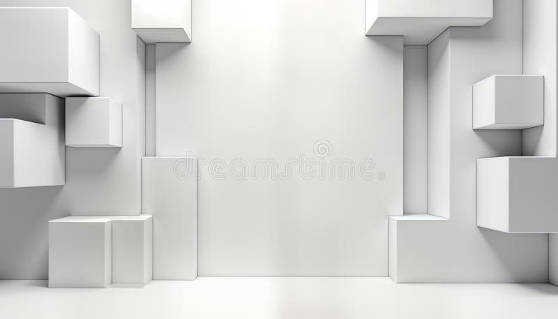 Abstract 3D Render Shows White Wall with Many Shapes. Geometric Shapes in White Form Complex ...