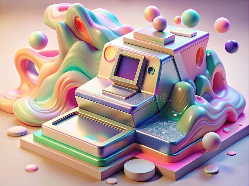 Abstract 3D Render of a Silver Camera with Colorful Liquid and Geometric Shapes Stock Vector ...