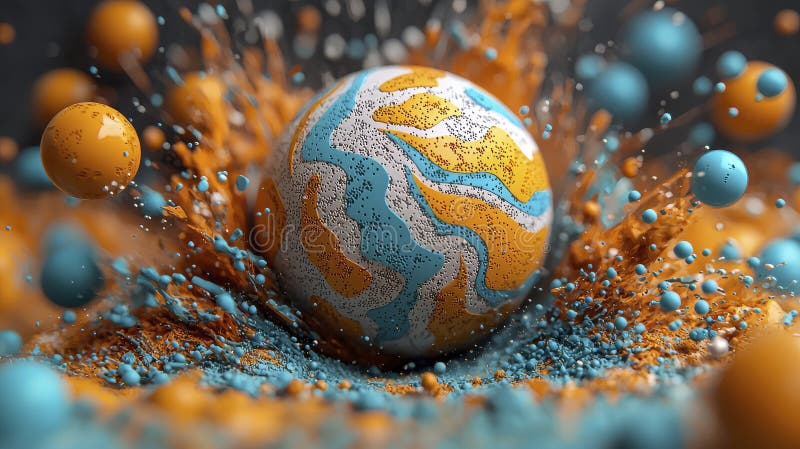Abstract 3D Render of Textured Sphere in Vibrant Orange and Teal Paint ...