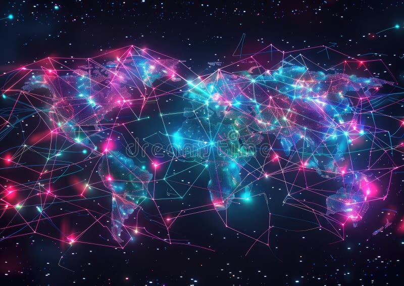 Abstract 3D Render of a World Map, Interconnected by Glowing, Multi ...