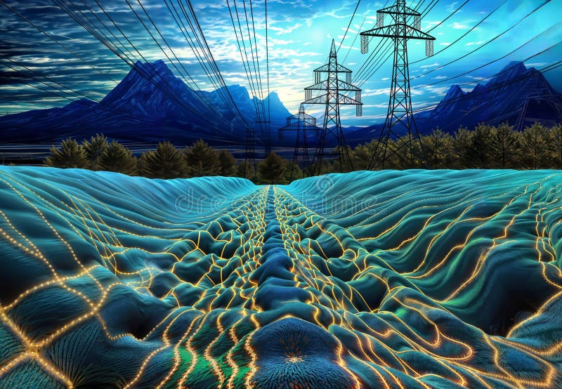 3d Render of Abstract Landscape with High Voltage Towers and Electrical ...