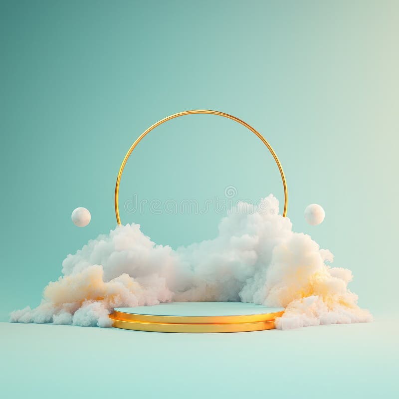 Dreamy Cloud Podium Stage with Golden Ring and Spheres. Stock ...