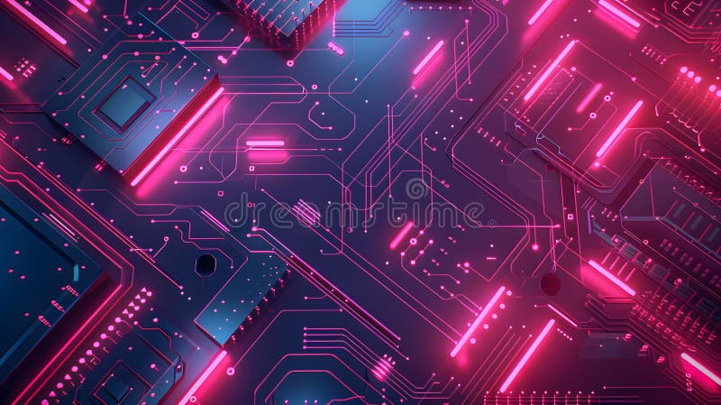 Abstract 3D Rendering of a Circuit Board with Glowing Pink Lines. Stock ...