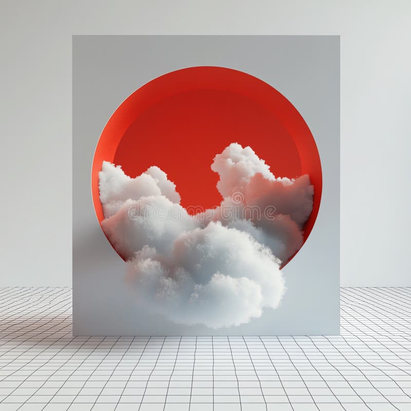 Abstract 3D Rendering of Clouds in a White Cube with a Red Circle ...