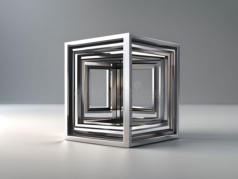 Abstract 3D Rendering of Metal Framed Cube Object Stock Illustration ...