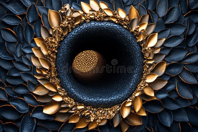 Abstract 3D Rendering of a Dark Blue and Gold Patterned Surface with a ...