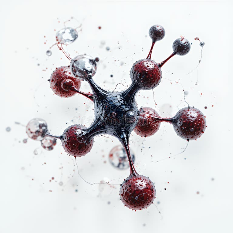 Abstract 3D Molecular Structure Rendering: Dark Central Sphere with Red ...