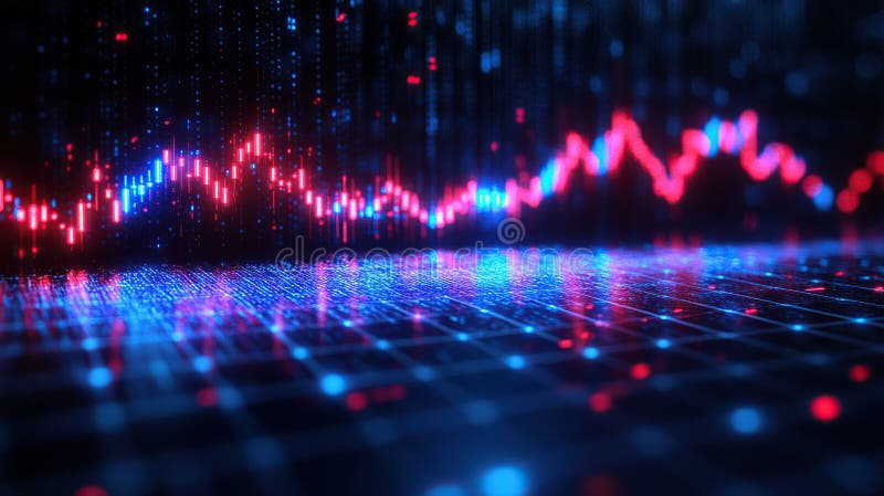 Abstract 3D Rendering of a Dynamic Stock Market Graph with Red and Blue ...