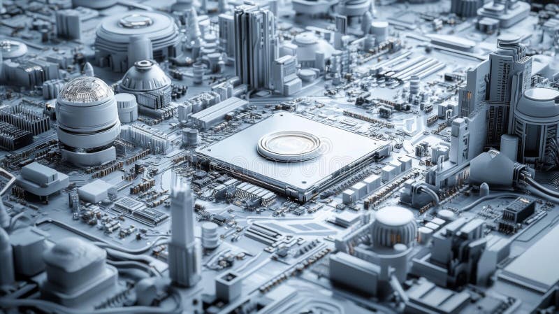 Abstract 3D Rendering of a Futuristic Circuit Board Cityscape Stock ...