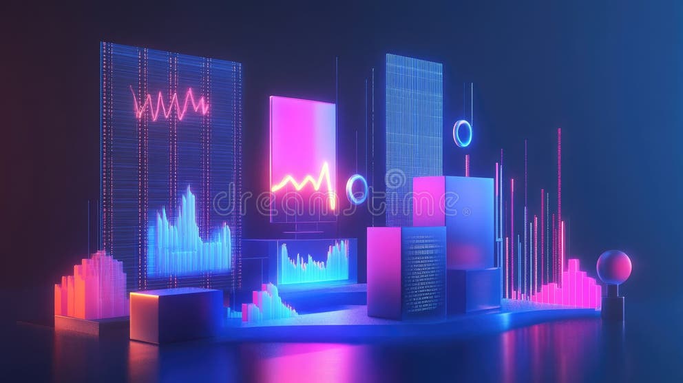 Abstract 3D Rendering of Glowing Data Visualization Charts and Graphs Stock Illustration ...