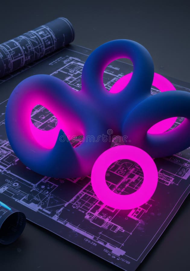 Abstract 3D Rendering of Glowing Pink and Blue Loops on Blueprint Stock ...