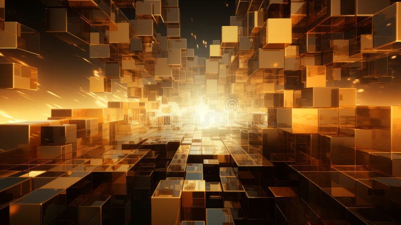 Abstract 3d Rendering of Golden Cubes with Light Shining through Them ...