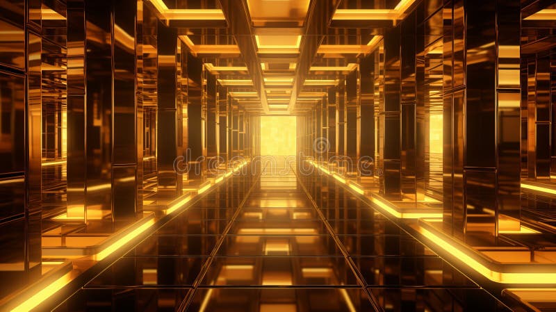 Abstract 3d Rendering of a Golden Hallway with a Light at the End Stock ...