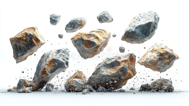 Abstract 3D Rendering of Grey and Gold Rocks Falling Against White ...