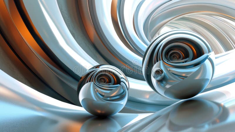 Abstract 3D Rendering of Metallic Spirals and Reflective Spheres Stock ...