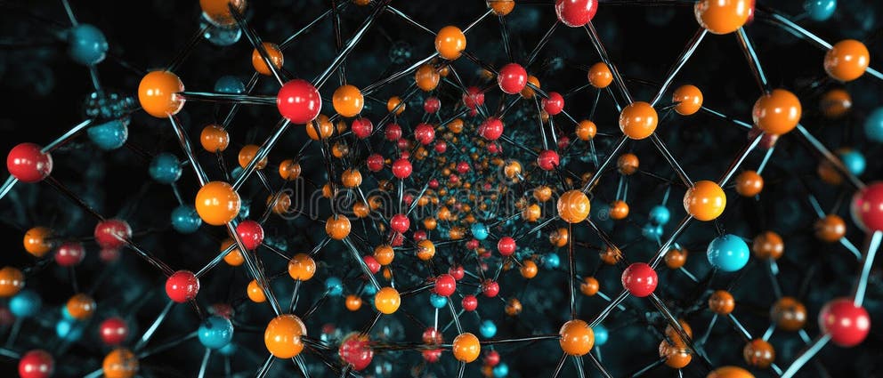 Abstract 3D Rendering of a Molecular Structure with Red, Orange and ...