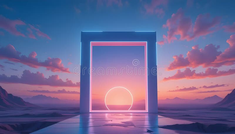 Abstract 3D Rendering of a Neon Rectangular Portal with a Breathtaking Sunrise or Sunset Stock ...