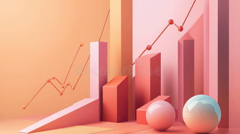 Abstract 3D Rendering of Rising Graph with Geometric Shapes and Spheres ...
