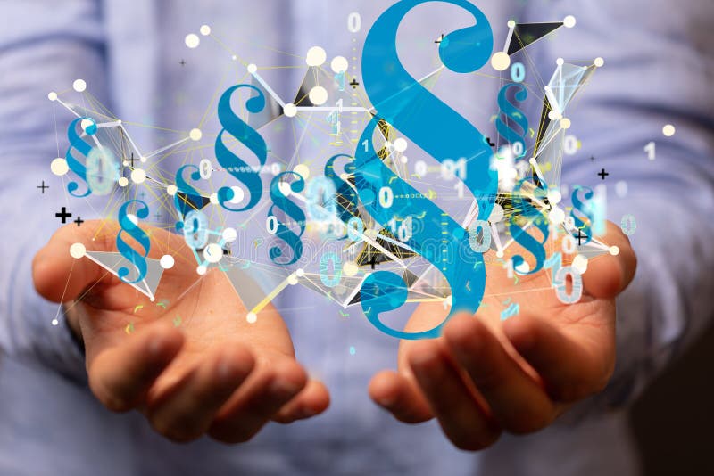 Abstract 3d Rendering With Section Signs And Binary Code Hovering Over A Man S Palms Stock