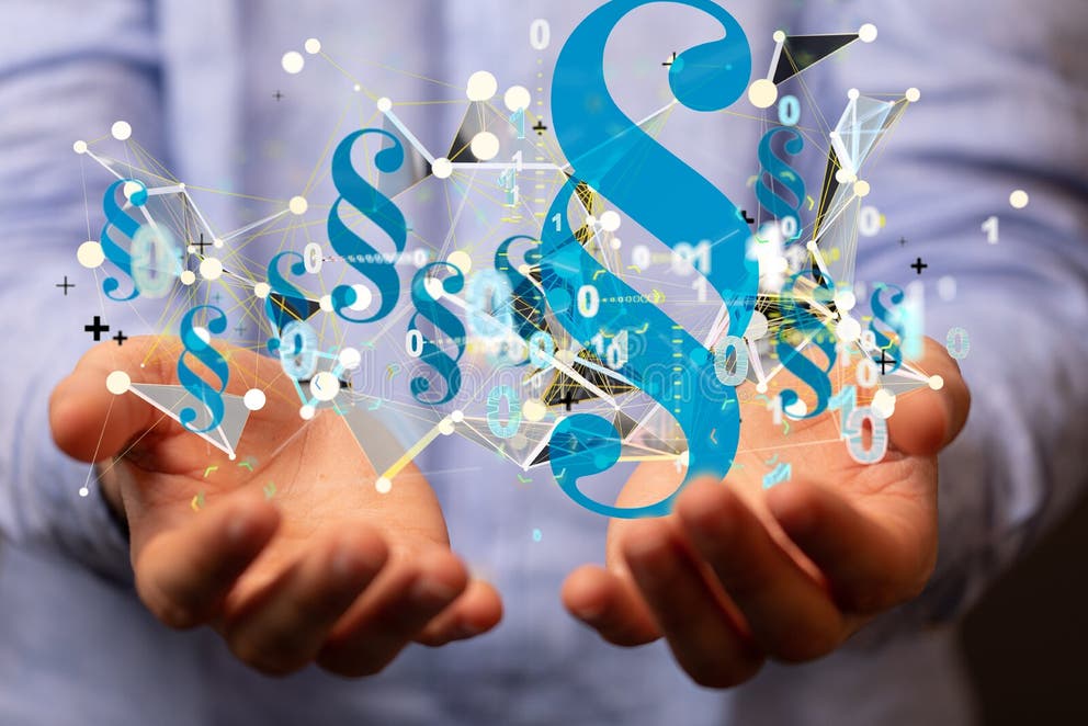 Abstract 3D Rendering with Section Signs and Binary Code Hovering Over a Man S Palms Stock ...