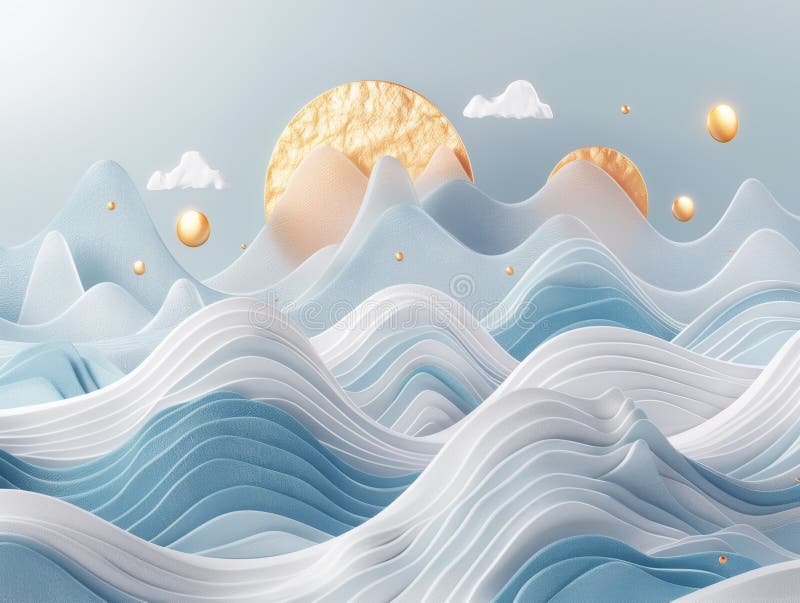 Abstract 3D Rendering of a Wavy Landscape with Gold Orbs and Clouds ...