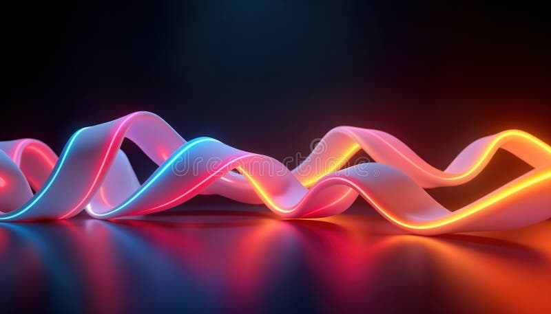 Abstract 3D Rendering. Wavy Neon Ribbons Glow in Dark Room. Colorful ...