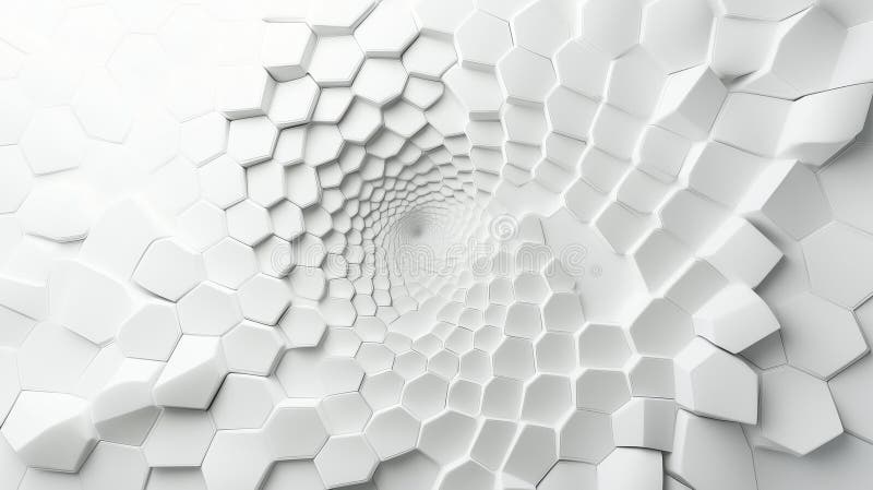 Abstract 3D Rendering of a White Hexagonal Pattern Collapsing Towards the Center, Creating a ...
