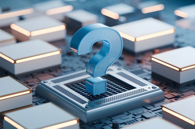 Abstract 3D Scene Blue Question Mark on Metallic Platform, Surrounded ...